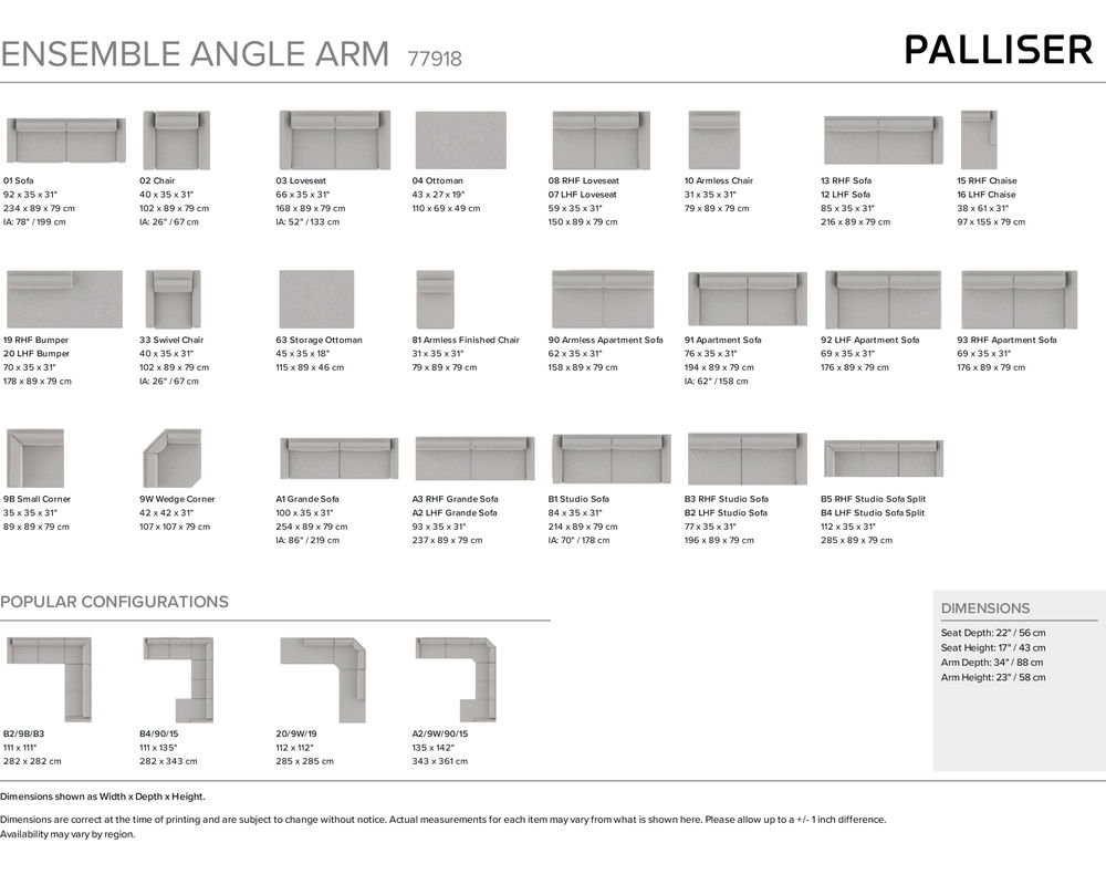 Ensemble 77918 Angle Arm Sofa (76", 84", 92" or 100") +100 leathers ...