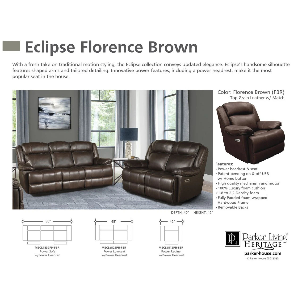 Eclipse Leather 86" Power Headrest Power Reclining Sofa Brown (In stock ...